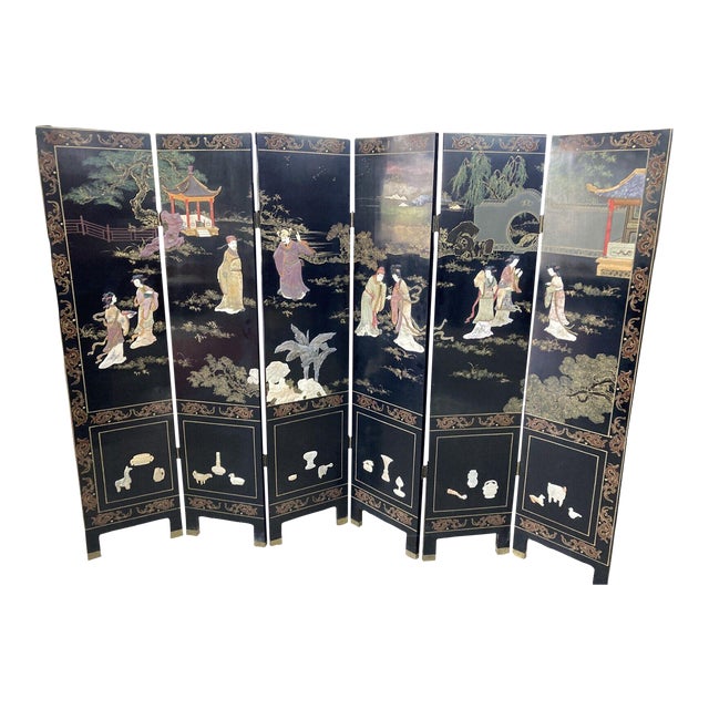 Late 20th Century Antique Chinese 6 Panel Screen -Black Lacquer Hand ...