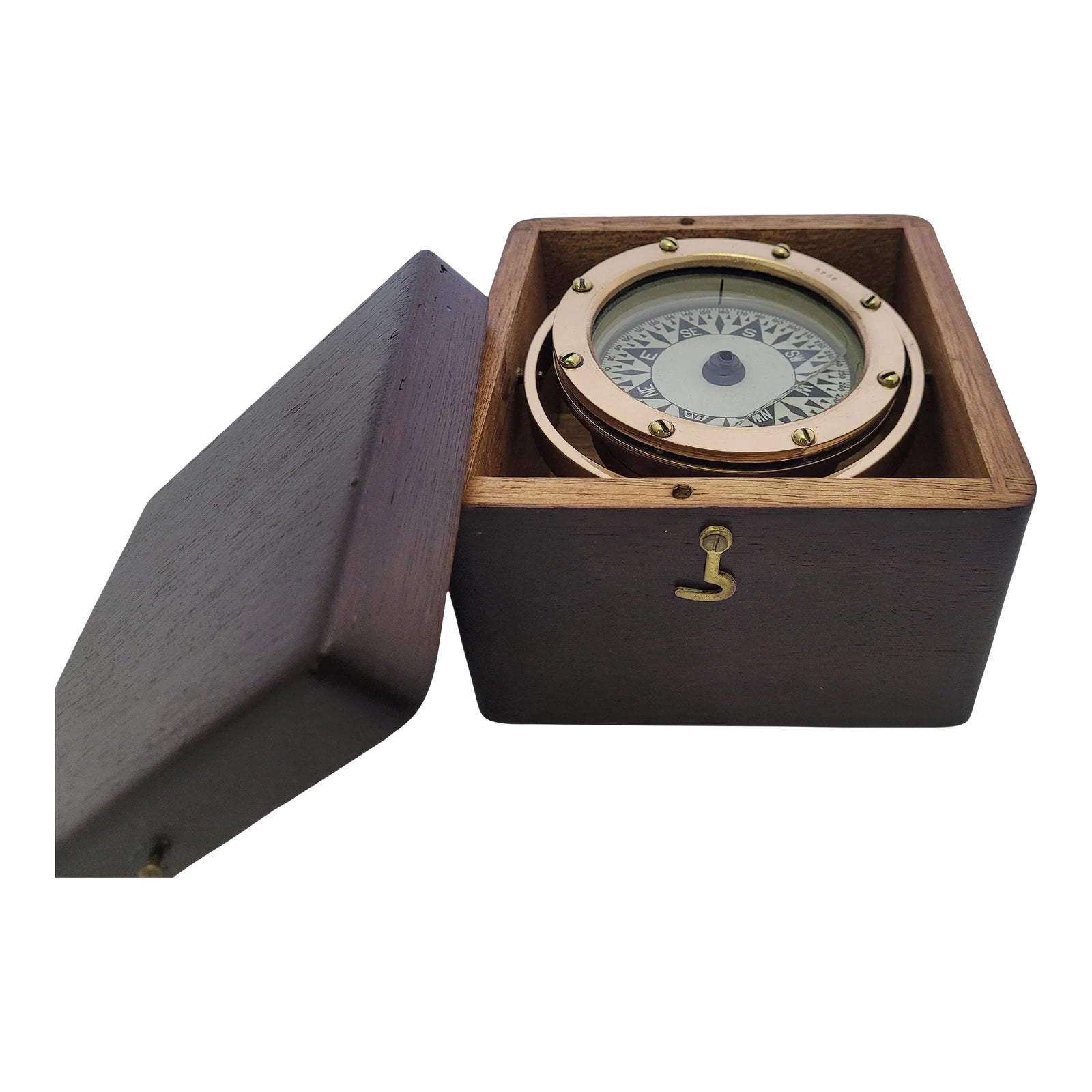 Brass Boat Compass in Varnished Wood Box | Chairish