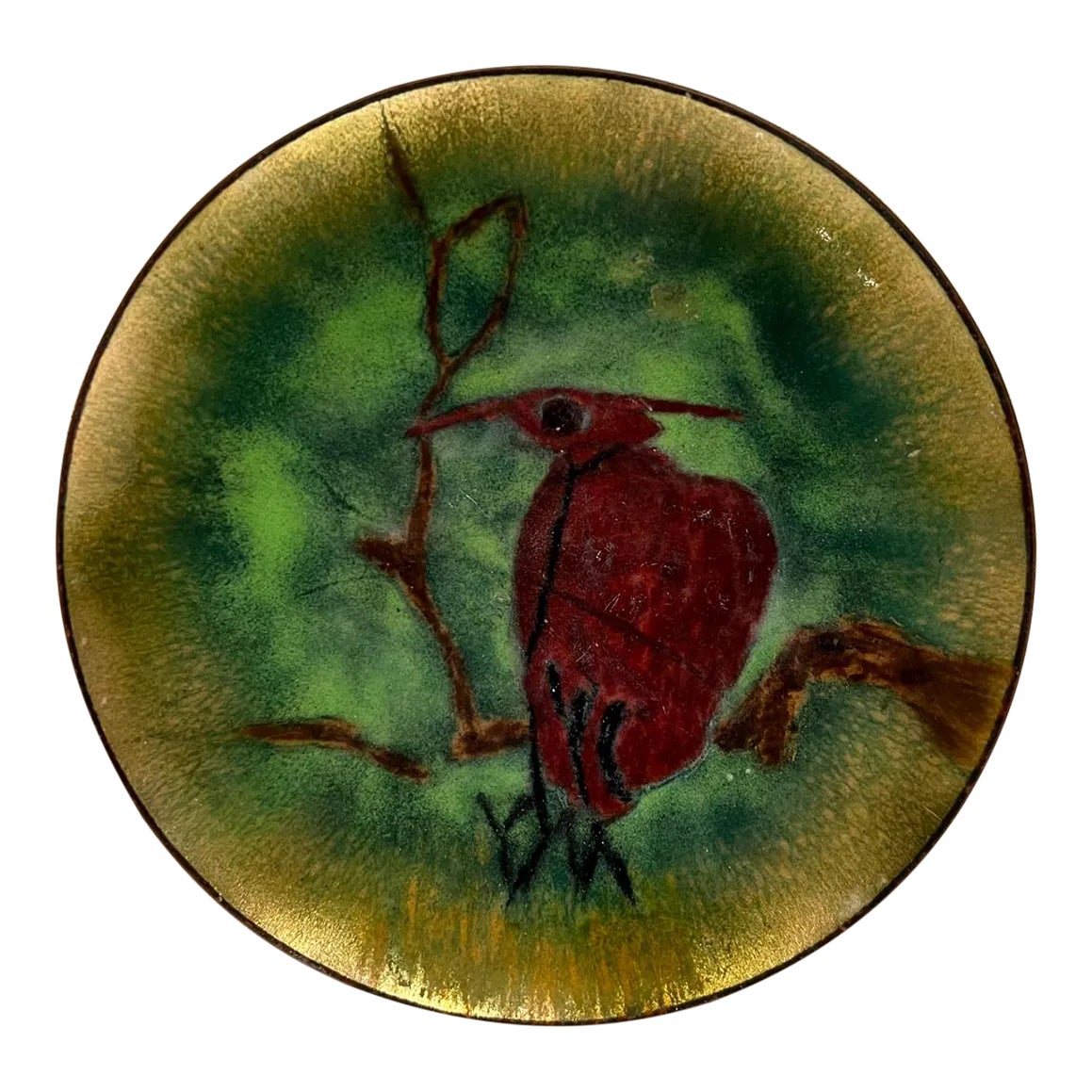 1960s Modernism Copper Enamel Decorative Red Bird Plate | Chairish