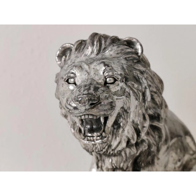Mid-Century Modern Roaring Silvered Metal Lion Sculpture on Marble Base ...