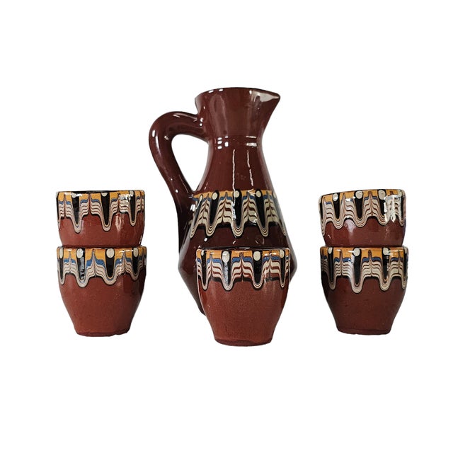 Bulgarian Troyan Red Feather Pitcher & Cup Set 9 Cups 12 Oz | Chairish
