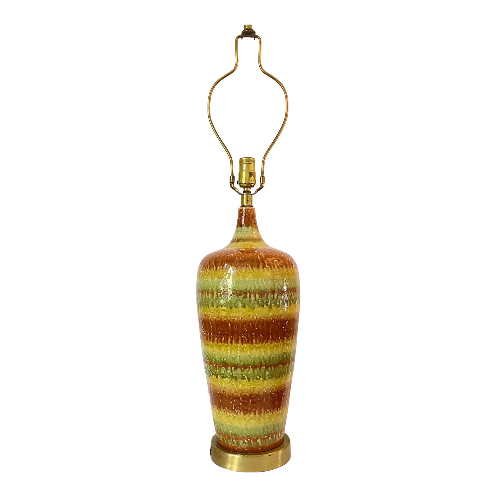 1970s Vintage Ceramic Glazed Green, Brown, Mustard Table Lamp | Chairish