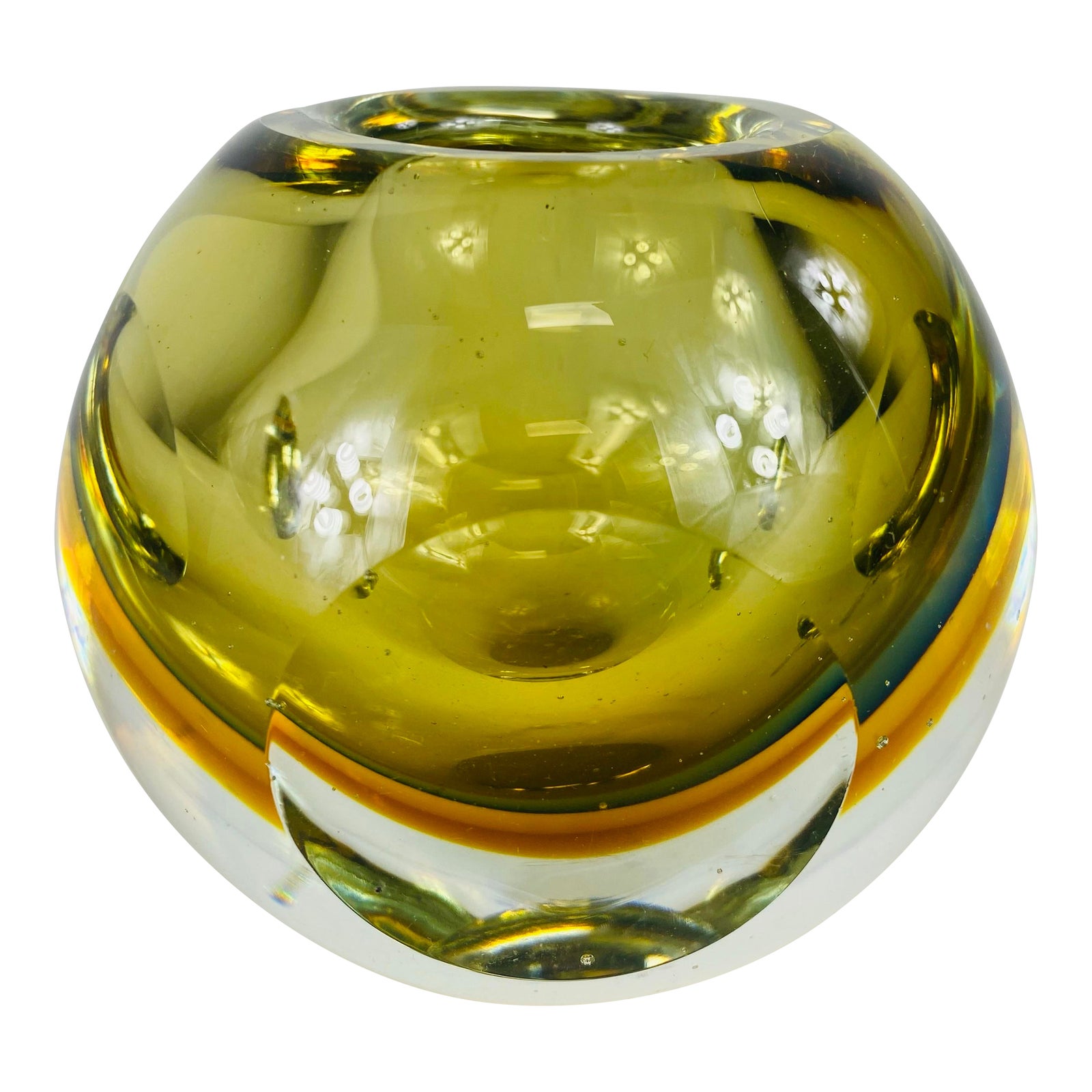 Flavio Poli Marano Summerso Olive Green and Orange Faceted Art Glass ...