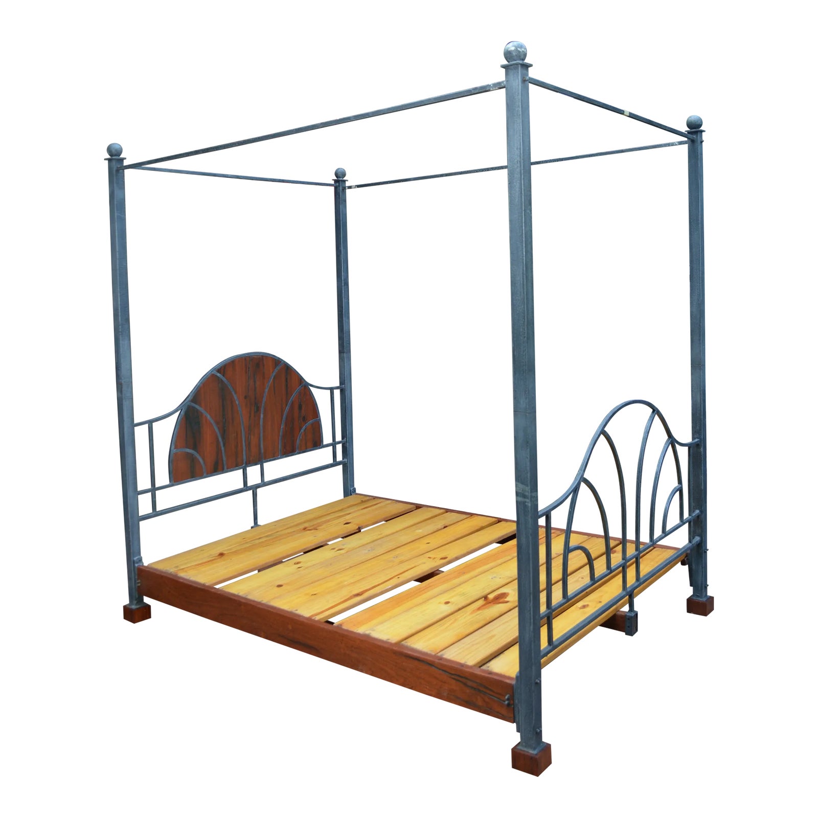 Gray Iron / Steel & Rhodesian Teak Full Size Canopy Bed W/ Slats & Side ...