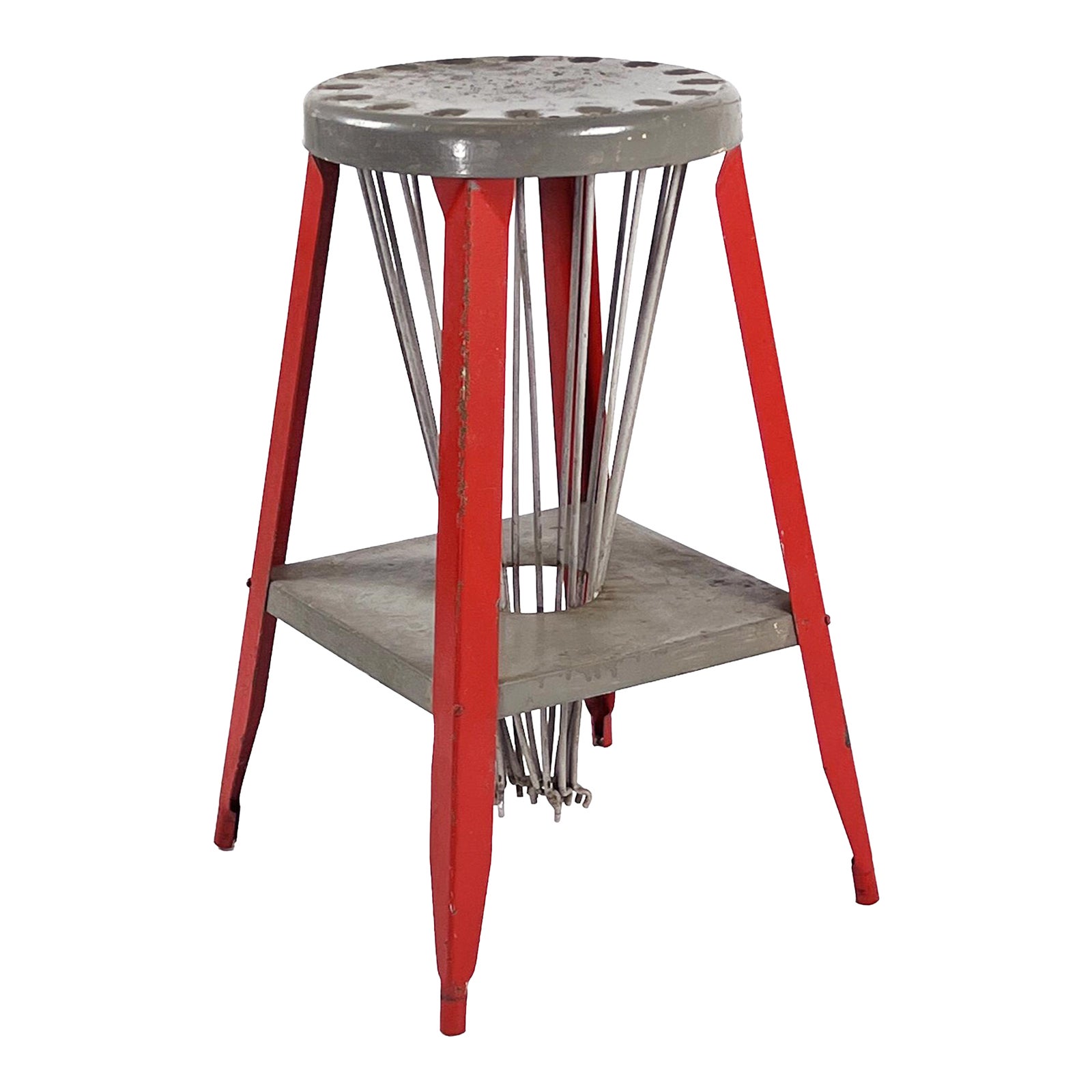 Vintage 1930s Industrial Painted Gray & Red Metal Stool With Built-In ...