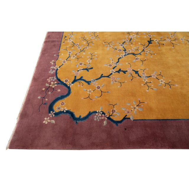 Yellow Antique Art Deco Chinese Handmade Wool Rug | Chairish