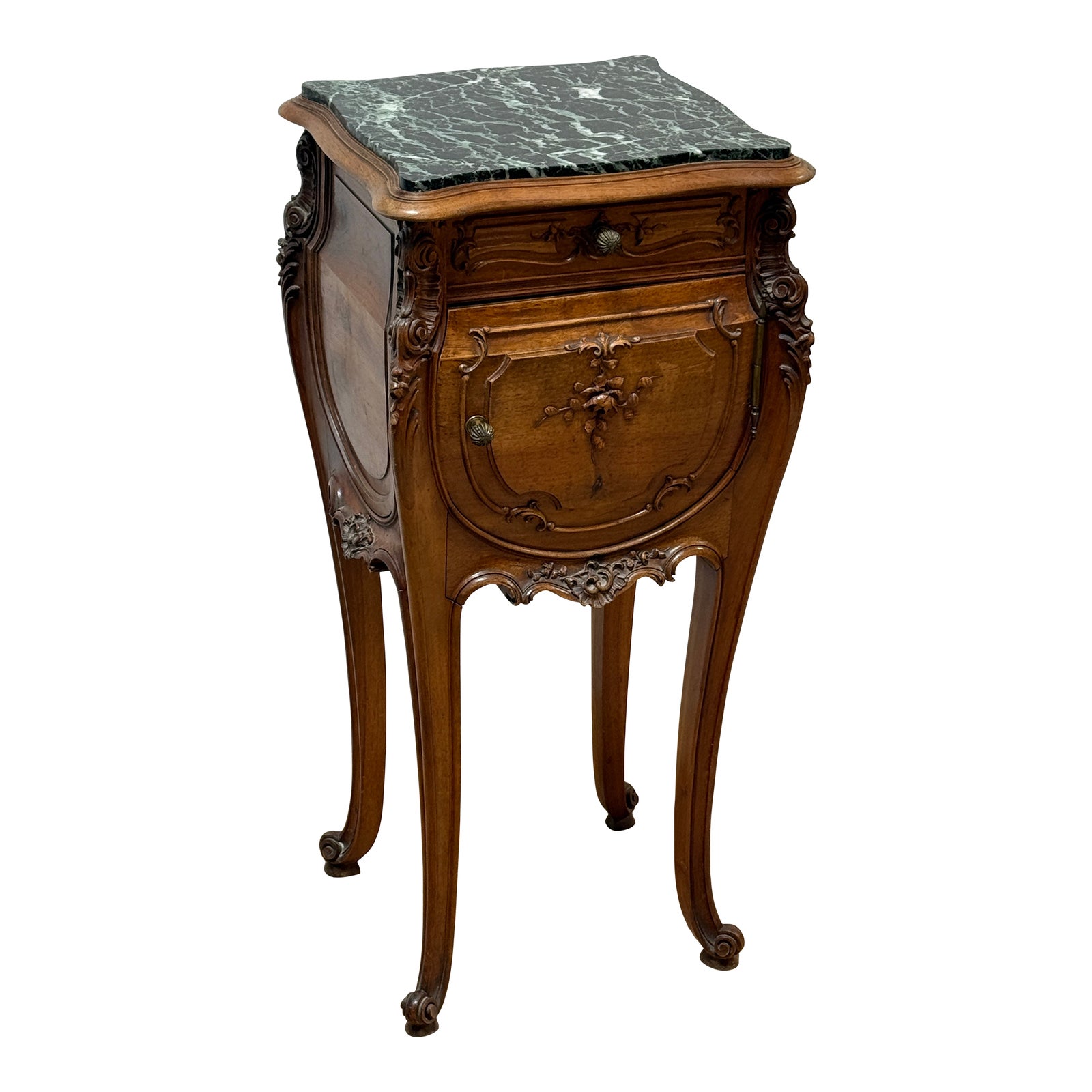 Antique French Louis XV Verdi Antico Marble Top Walnut Bedside Table ...