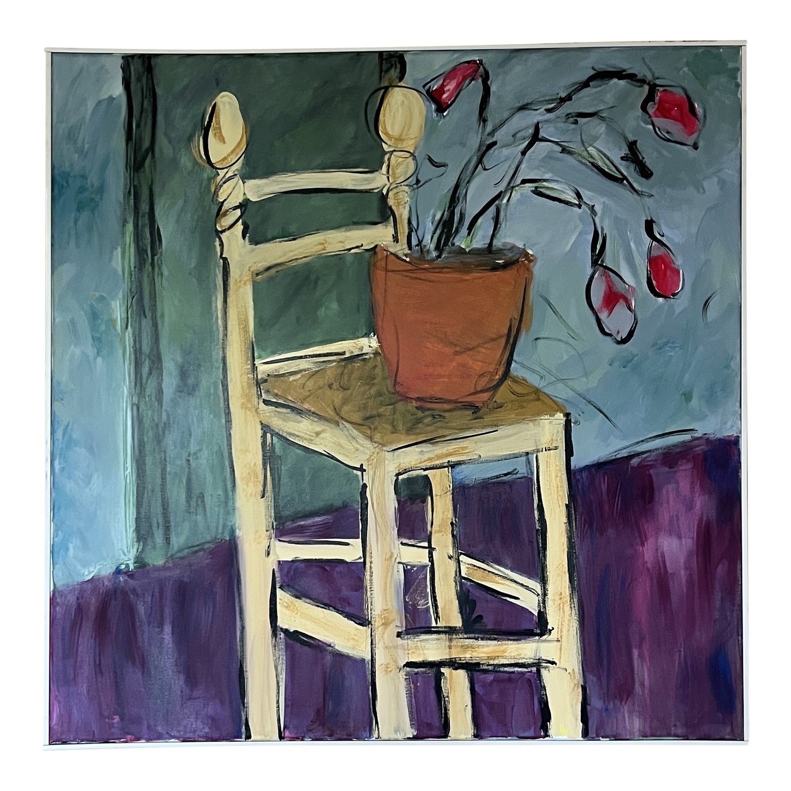Expressionist Original Still Life Painting of Chair with a Potted Plant ...