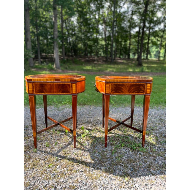 Leather Top Inlaid Mahogany Side Tables by Weiman Heirloom | Chairish