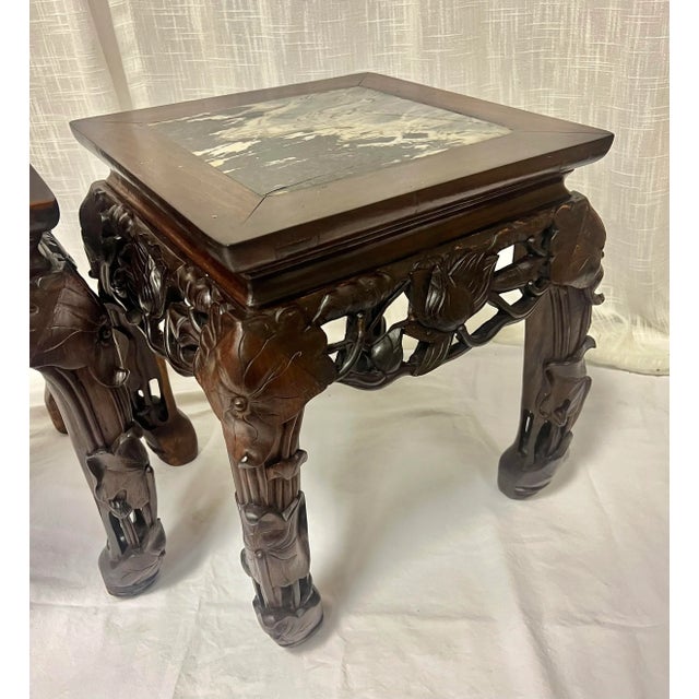 Vintage Asian Carved Wood Side Tables Stands With Lotus Flower Design ...