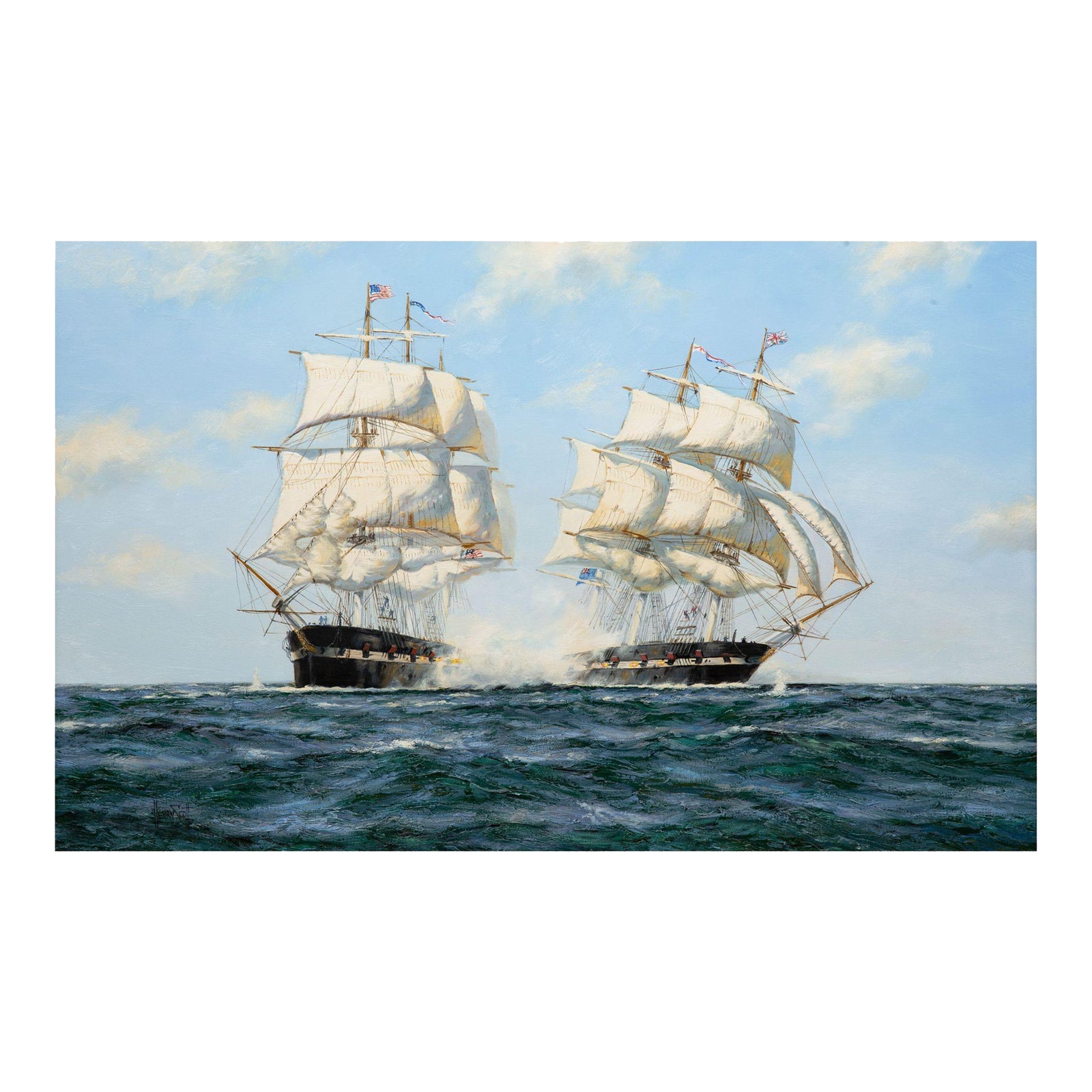 Maritime Oil Painting of Shannon Battling Chesapeake by Henry Scott r.s ...