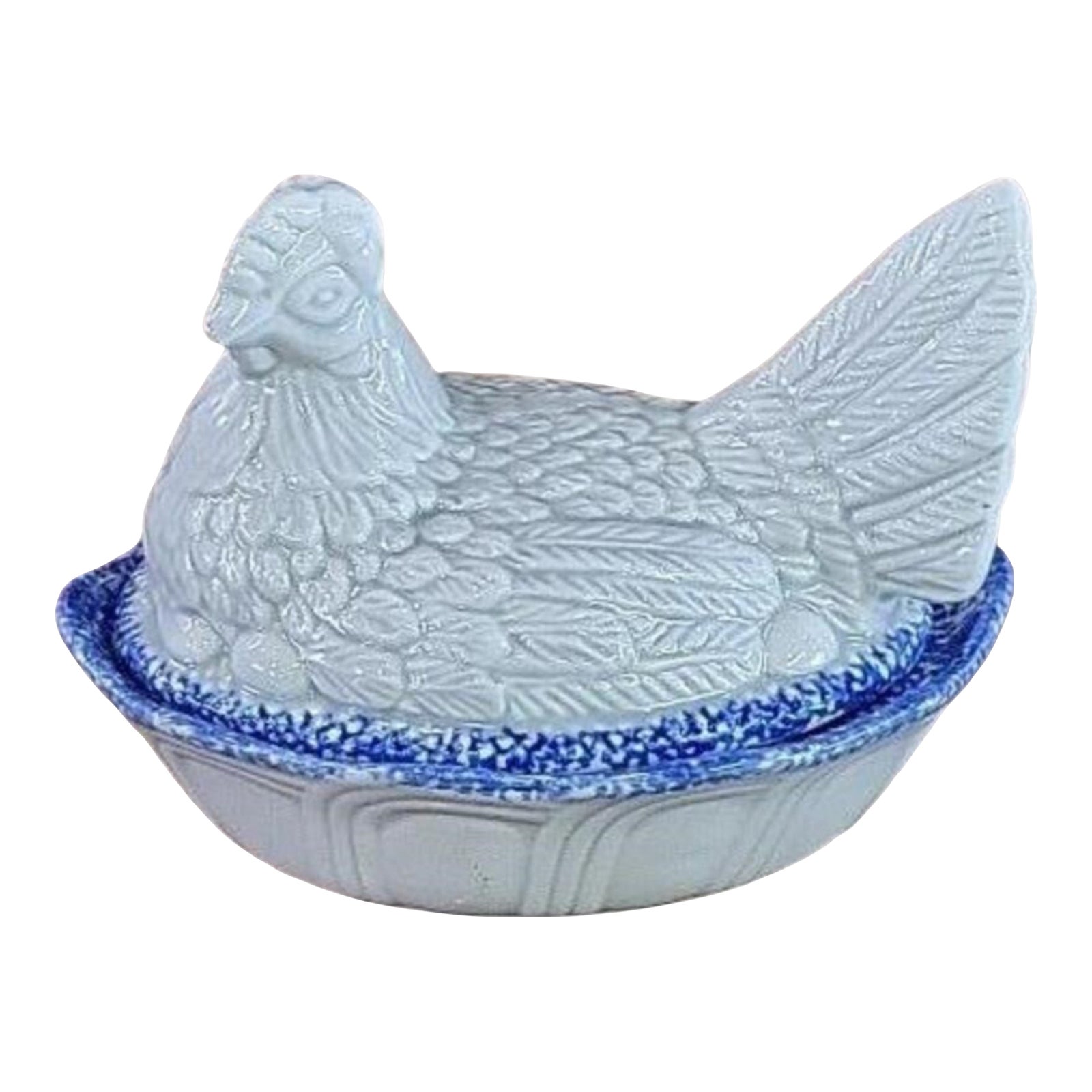 Vintage Blue & White Ceramic Hen Chicken on Nest | Chairish