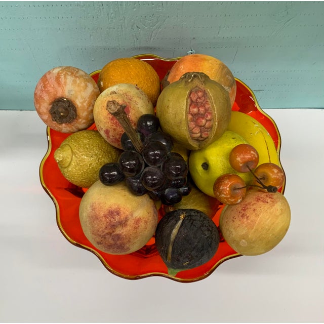 1950s Italian Carved Marble Fruits Hand Painted in Red Footed Bowl ...