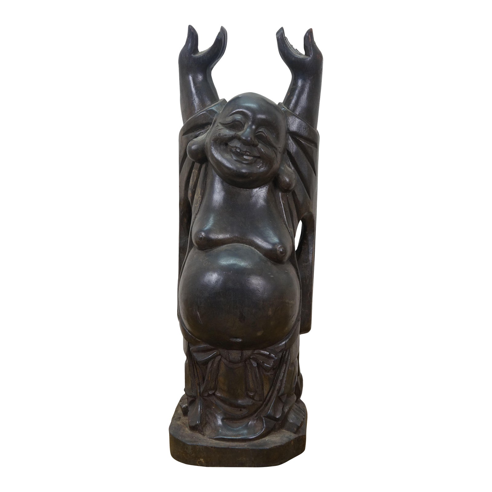 Vintage Japanese Hotei Laughing Buddha Carved Wood Statue Sculpture 18 ...