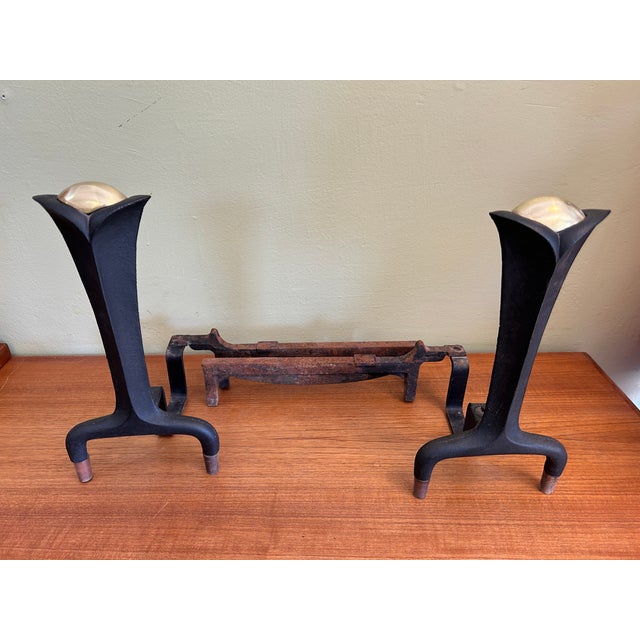 Iron + Brass Andirons by Donald Deskey for Bennett, Circa 1950s | Chairish
