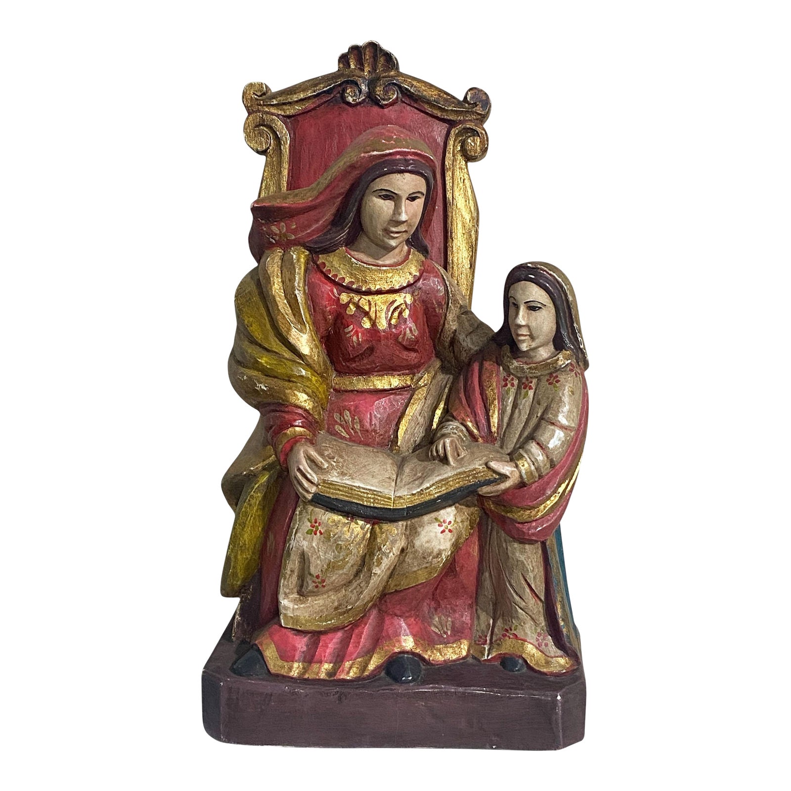 Vintage South American Santos Hand Carved Wood St Anne Teaching Child Mary | Chairish
