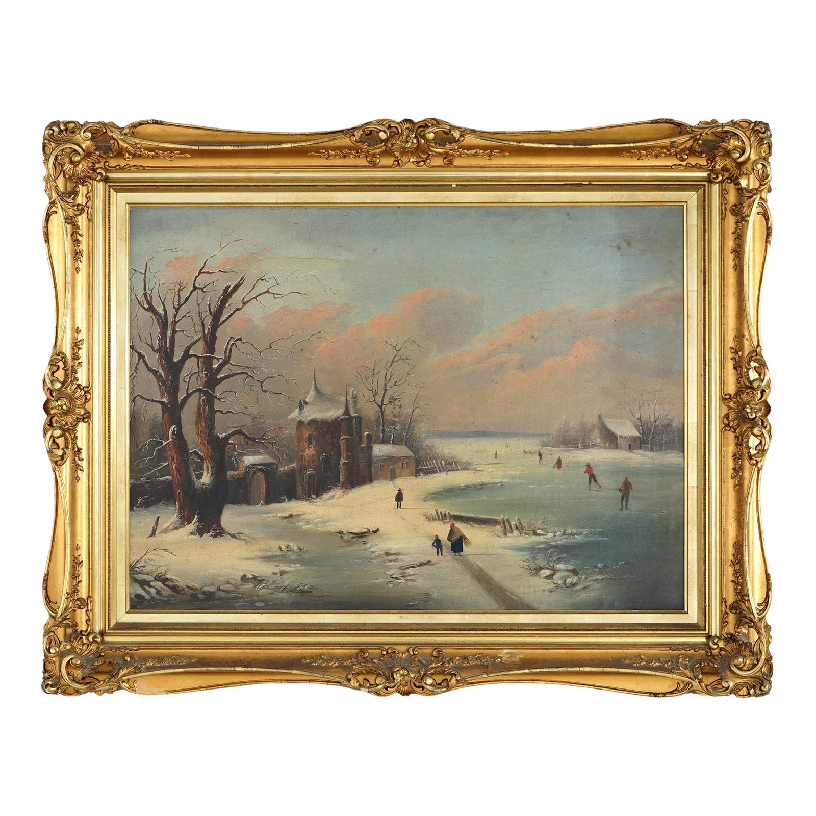 Antique Oil Painting Winter Landscape Painting with Ice Skaters in ...