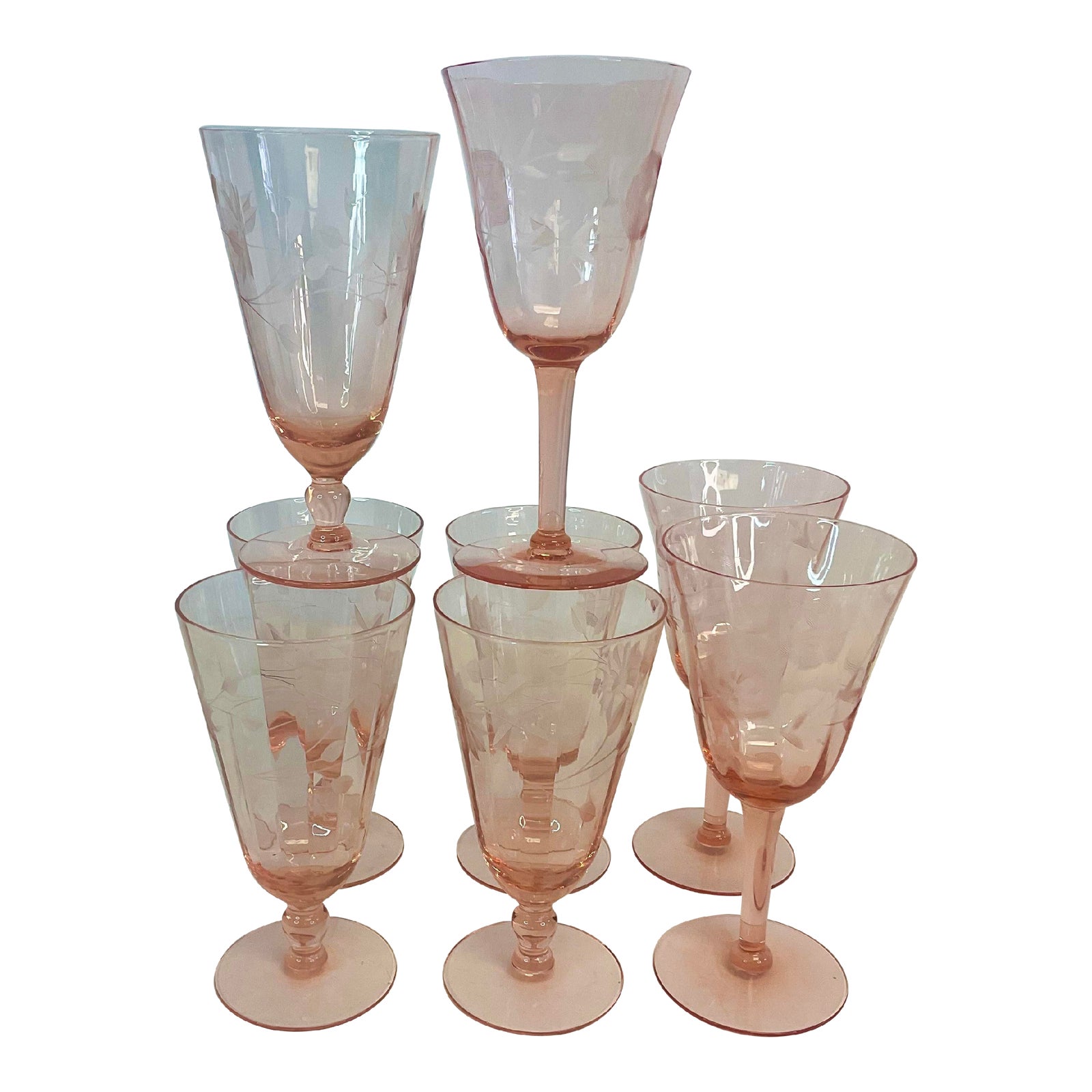 Antique Depression Era Art Deco Pink Glassware - Set of 8. | Chairish