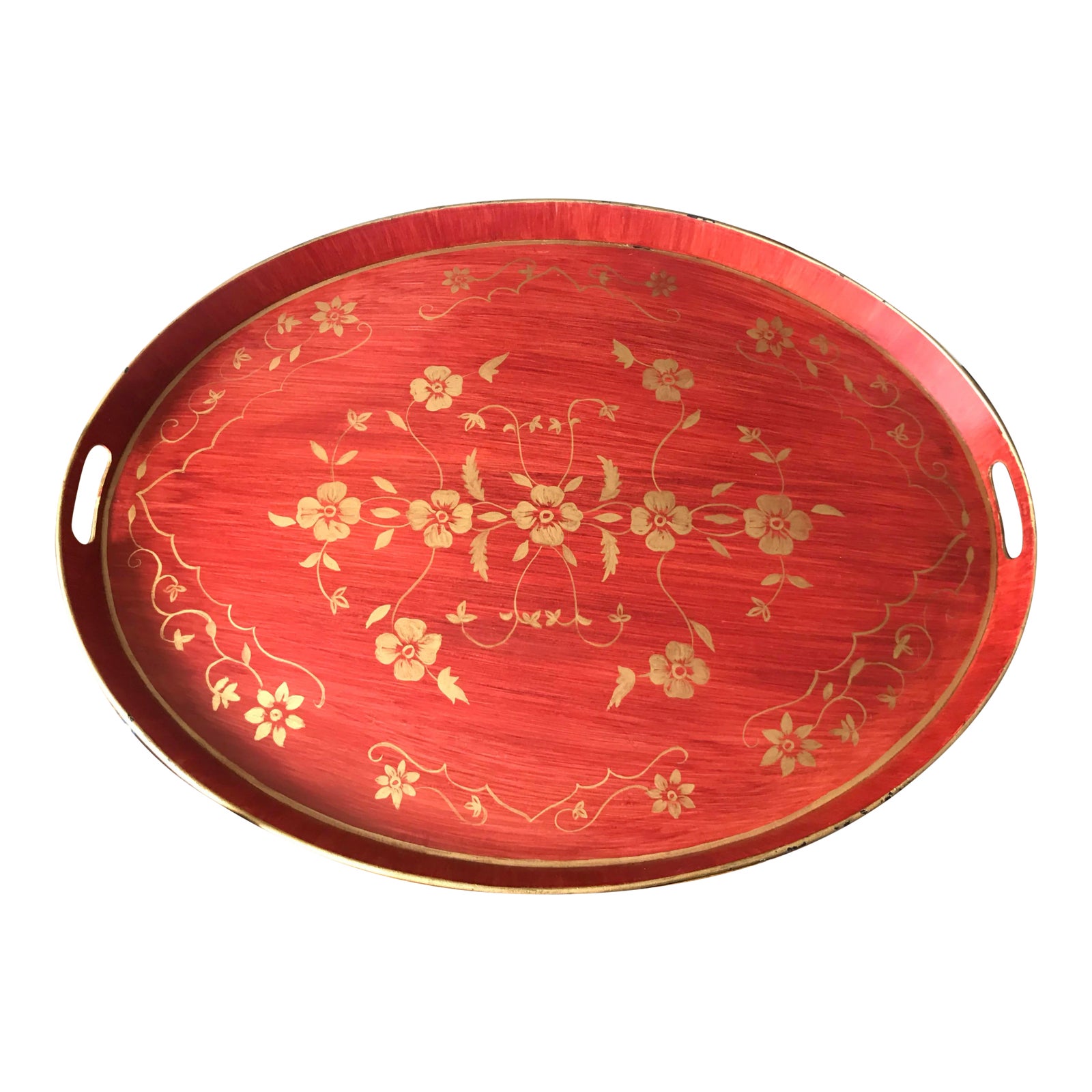 Red Painted Strié Finish Tole Coffee Table Tray, Gold Accents | Chairish