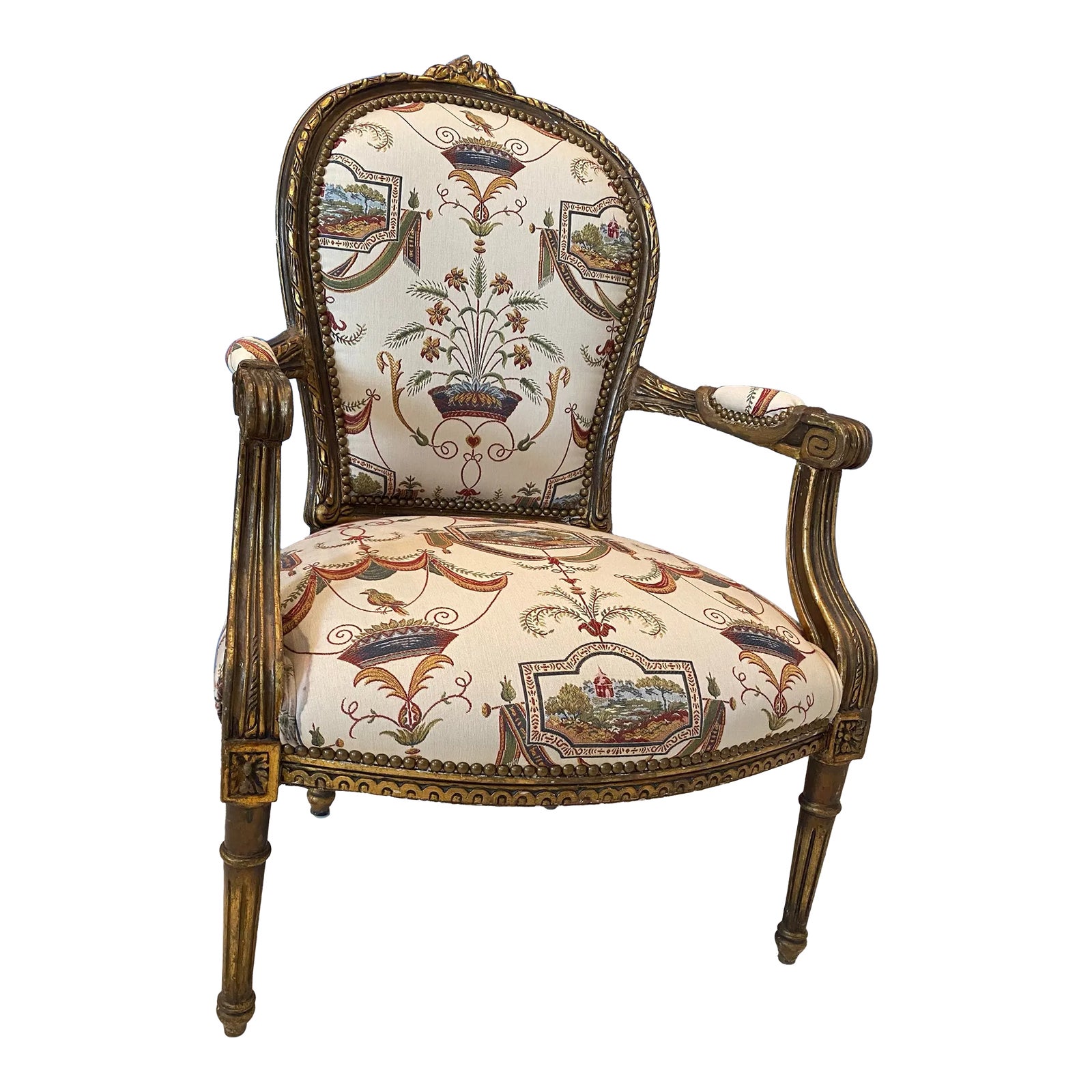1910s Louis XIV Arm Chair in Scalamandre Fabric | Chairish