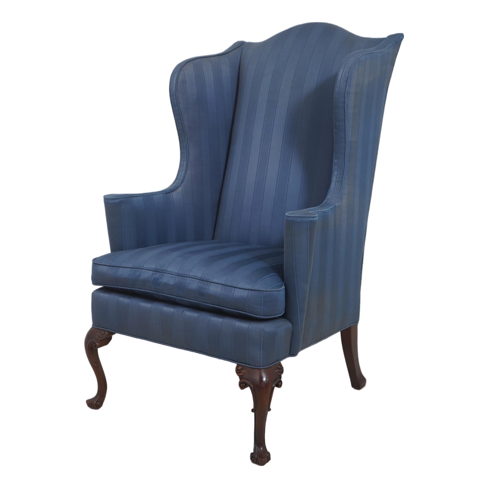 Southwood Blue Upholstered French Foot Mahogany Wing Chair | Chairish