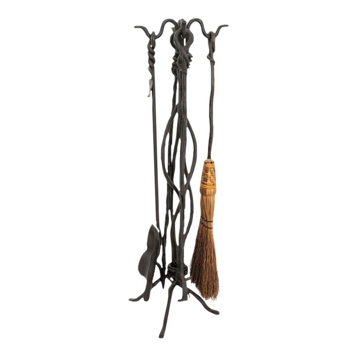 Wrought Iron Fireplace Tool Stand and Set | Chairish