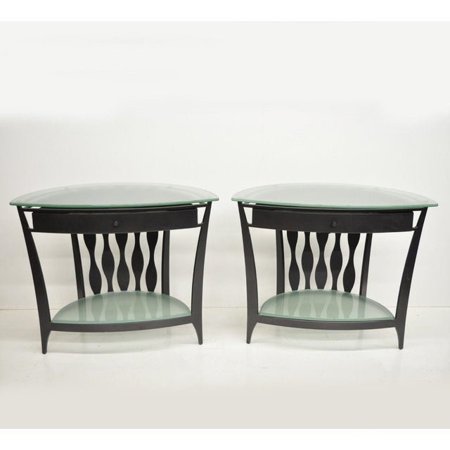 Steel & Glass Modernist Demilune Side Tables - A Pair | Chairish