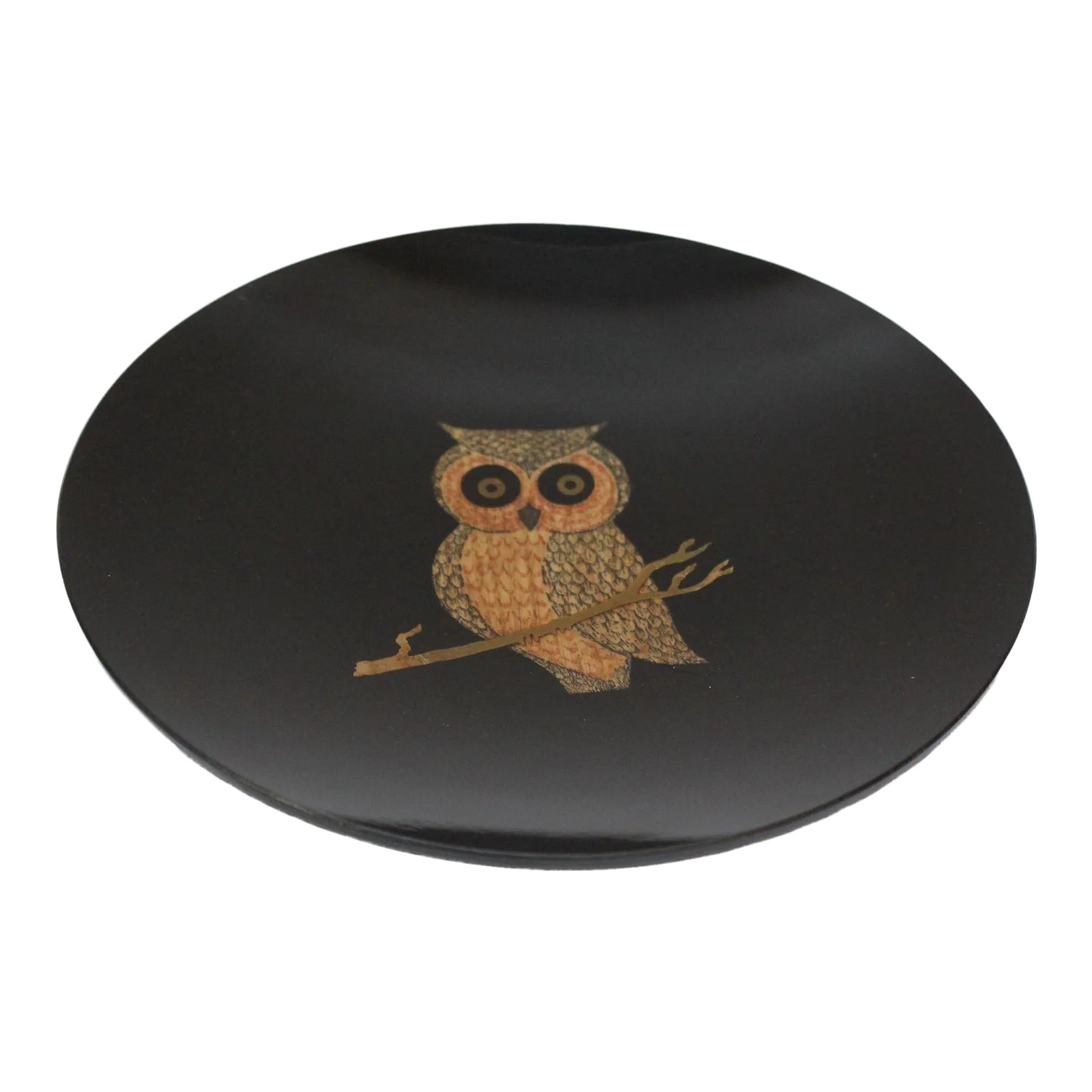 Mid-Century Couroc Black Resin Inlaid "Owl" Plate | Chairish