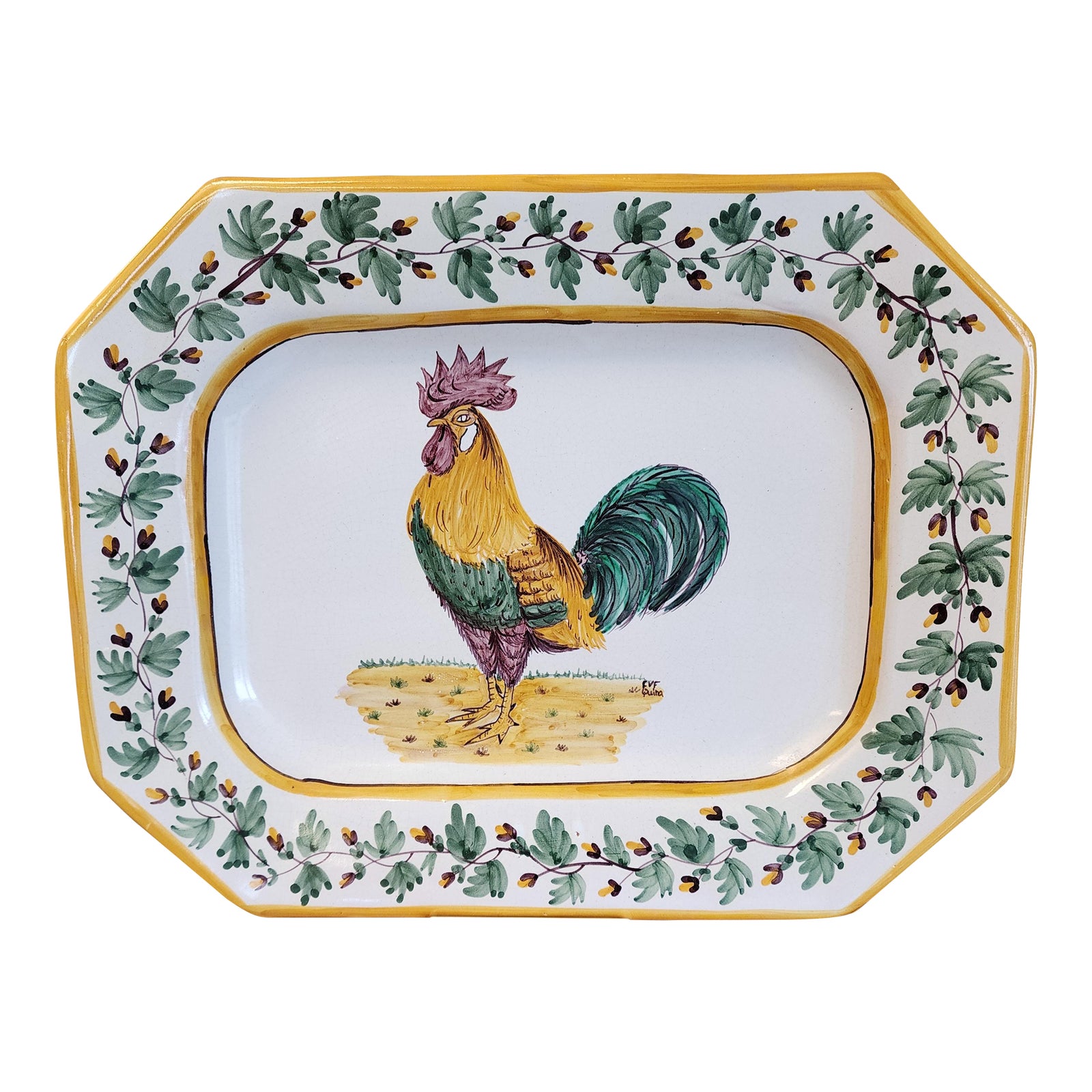 Vintage Large Rectangular Italian Deruta Style Rooster Platter | Chairish