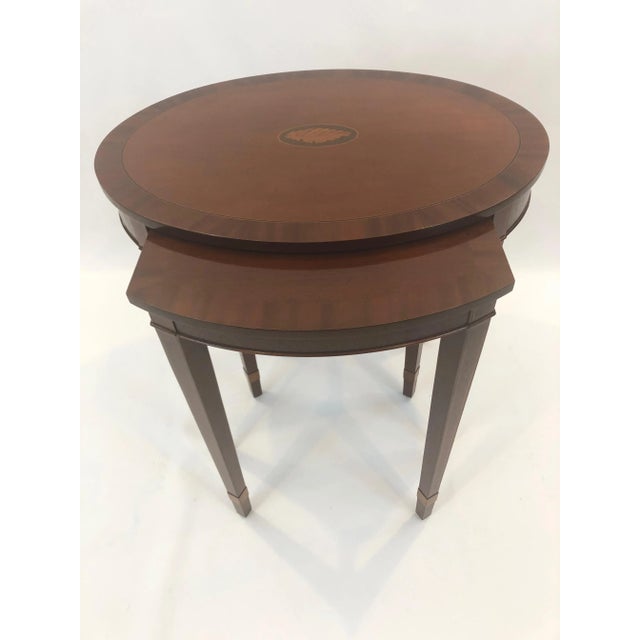 Handsome Oval Mixed Wood Inlaid Nesting Table | Chairish