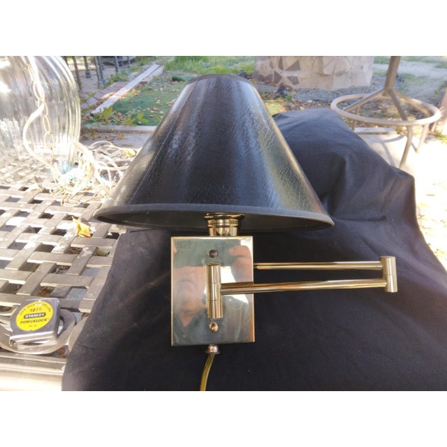 1980s Brass Swing Arm Lamp Wit Faux Black Snake Skin Shade | Chairish