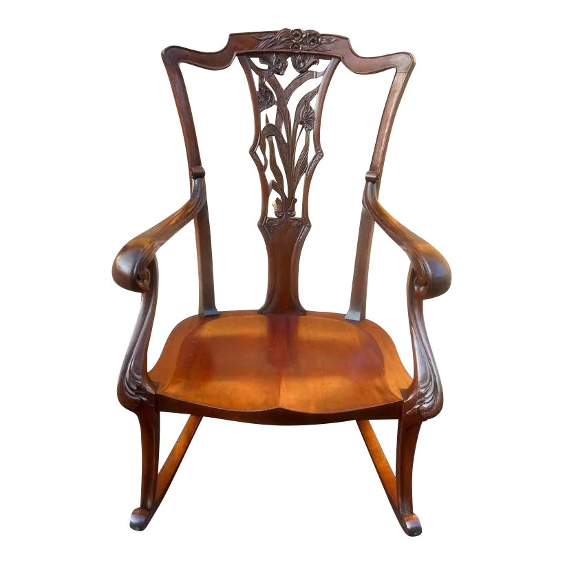 Early 20th Century Vintage Solid Wood Carved Cherry Rocker Chair | Chairish