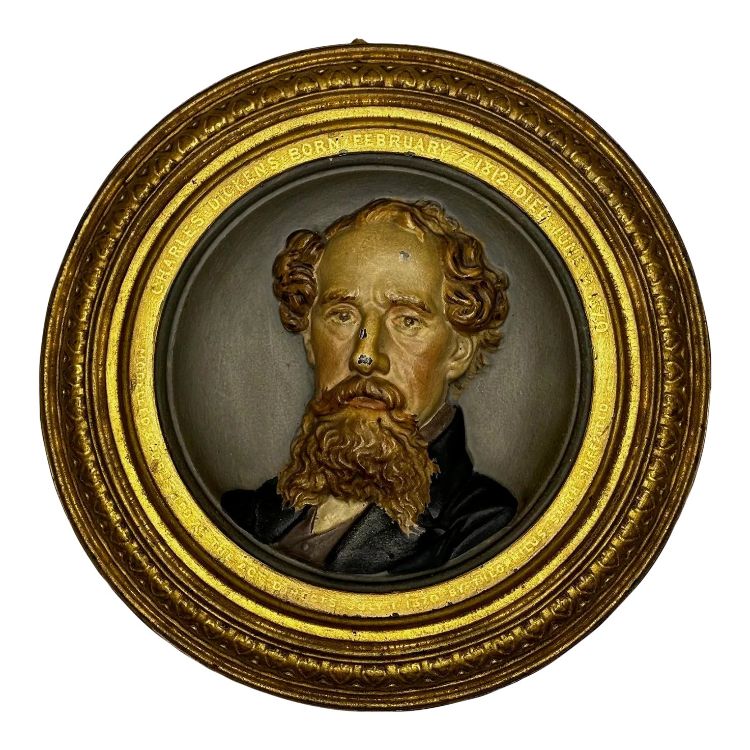 19th Century Gilt Bronze Charles Dickens Portrait Wall Sculpture | Chairish