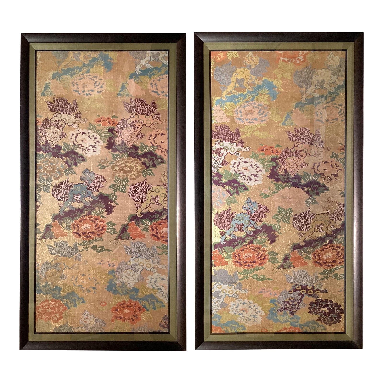 Japanese Silk Brocade Framed Panels - A Pair | Chairish