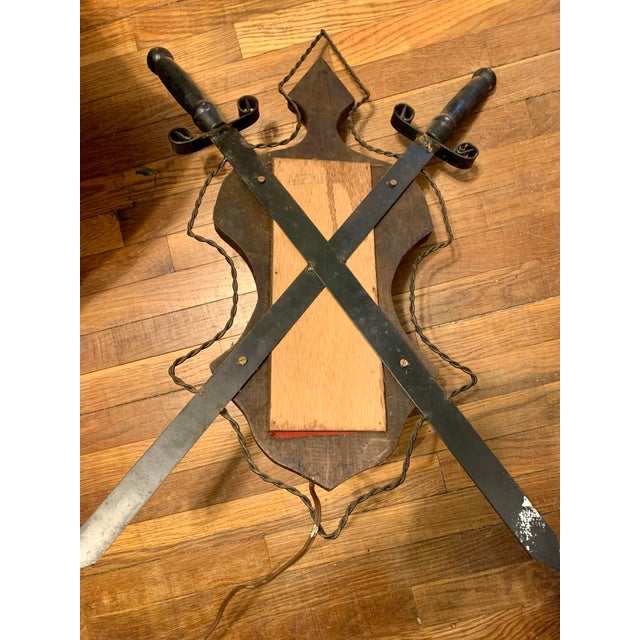 Medieval Vintage Gothic Brutalist Metal Scroll Wood Swords Wall Sconce ...