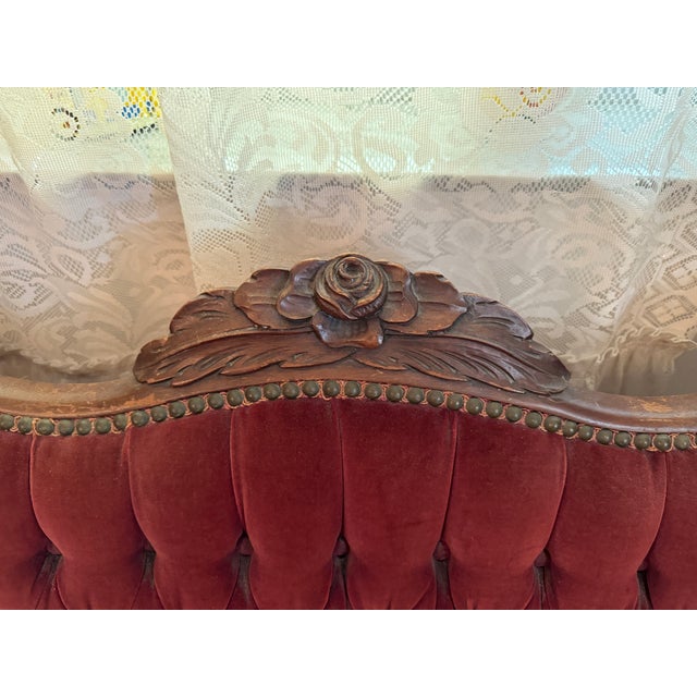 1940s Victorian Carved Mahogany Red Wine Velvet Parlor Settee | Chairish