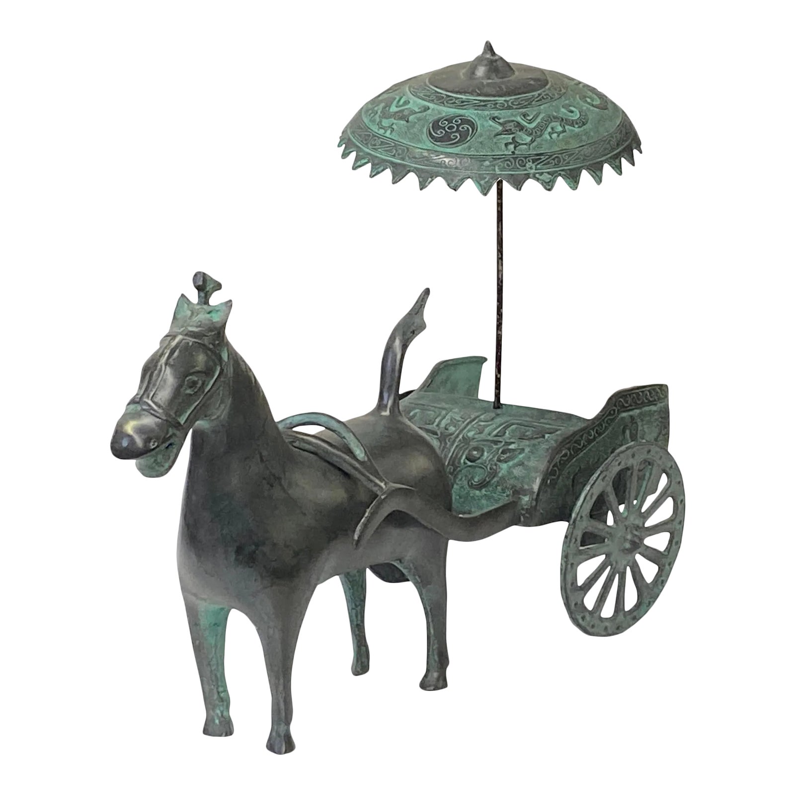 Chinese Rustic Dark Green Black Vessel Ancient Horse Cart Display ...