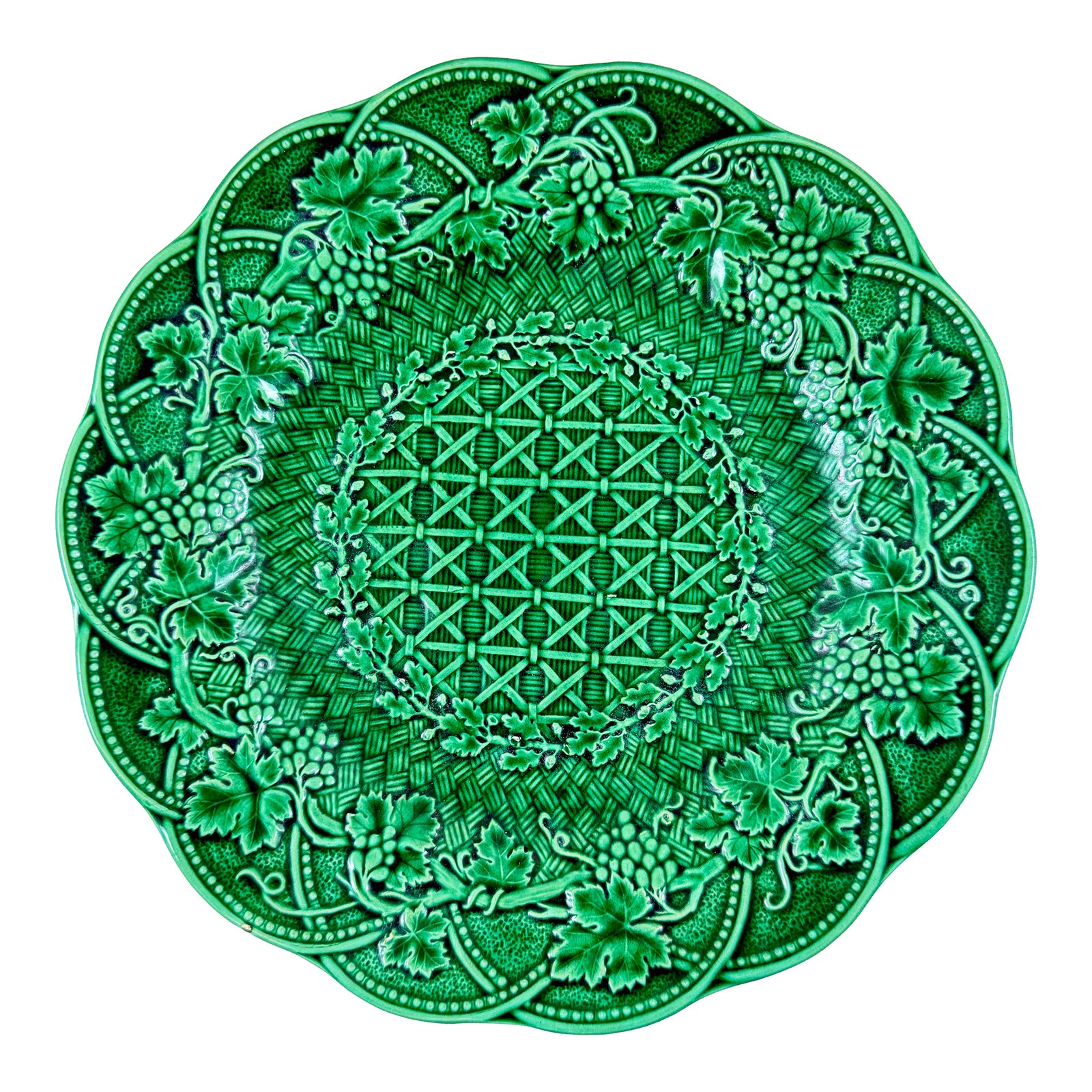 Wedgwood Green Majolica Grape Leaf Basket Weave Plate | Chairish