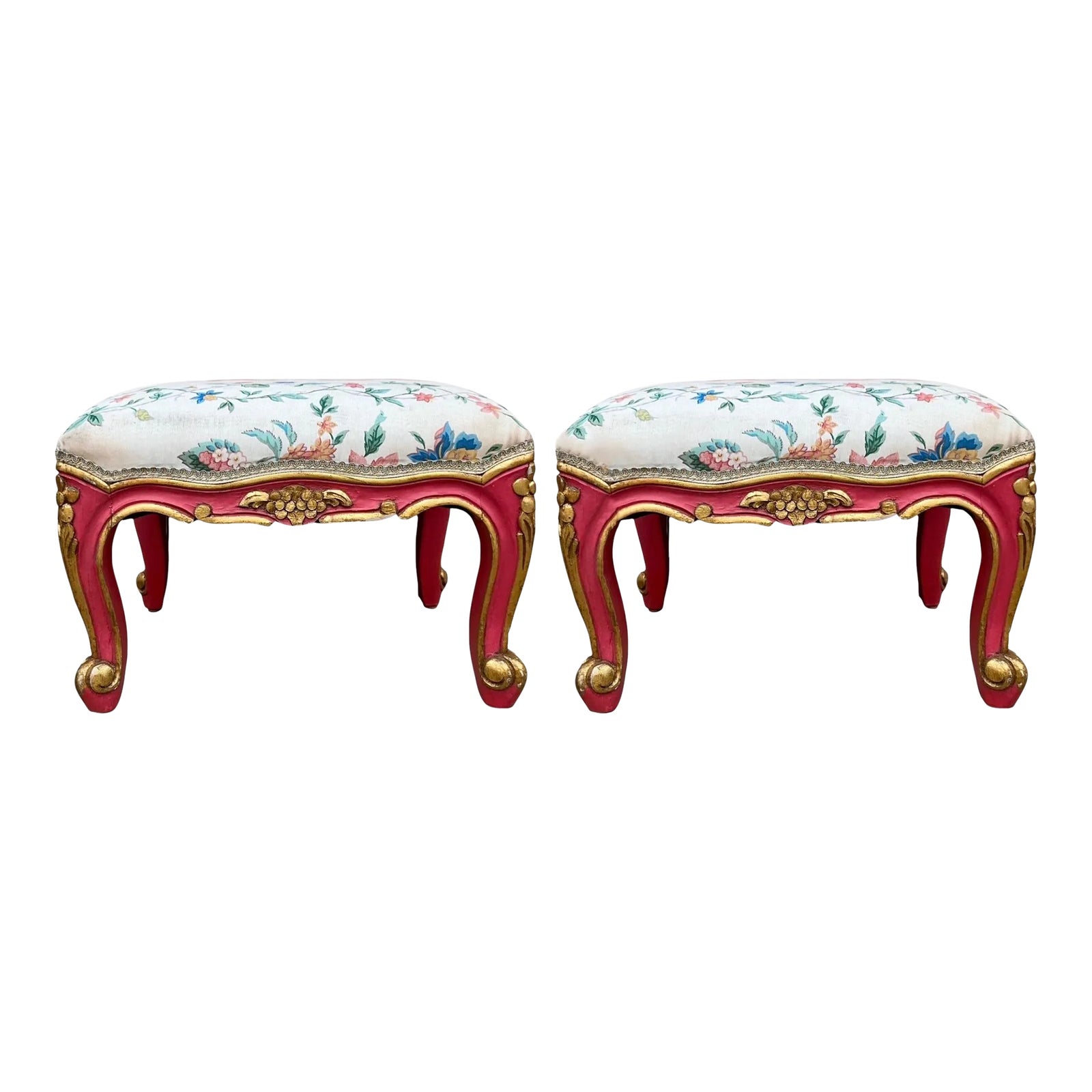 Mid-Century French Louis XVI Style Pink and Gilt Venetian Ottomans ...