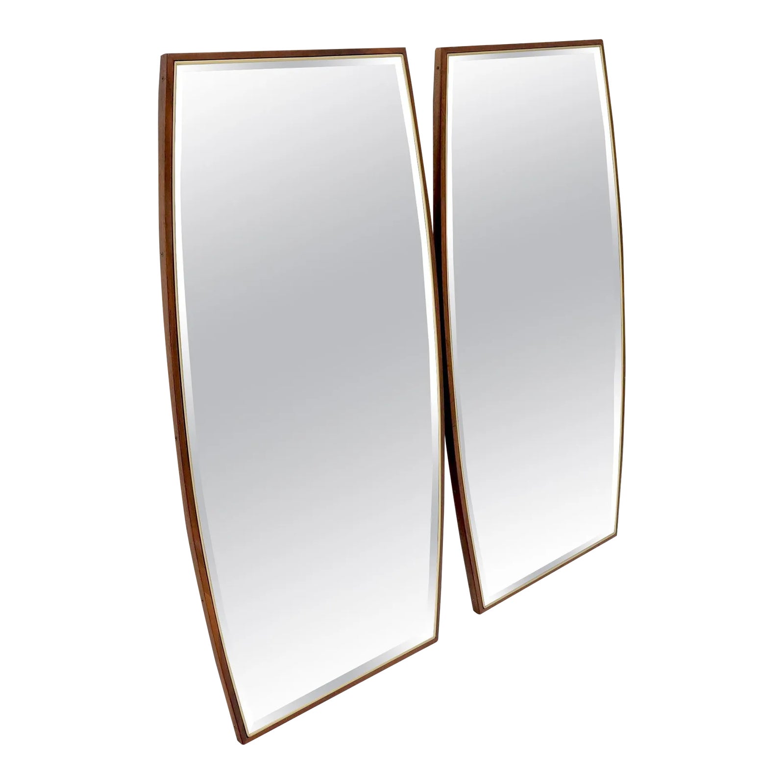 Pair of Walnut & Brass Boat Shape Mirrors Atr. to Paul McCobb | Chairish