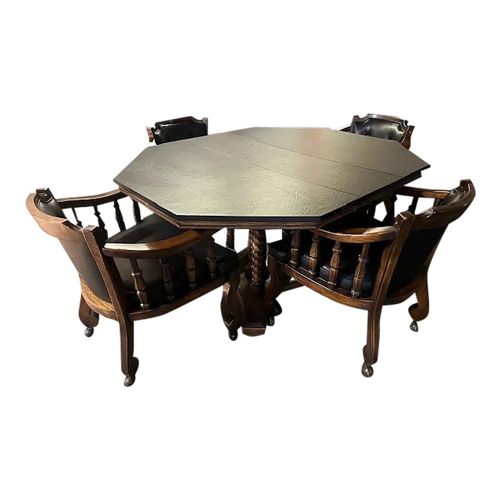 1960s Vintage Gaming Table With Leather Barrel Chairs - Set of 5 | Chairish