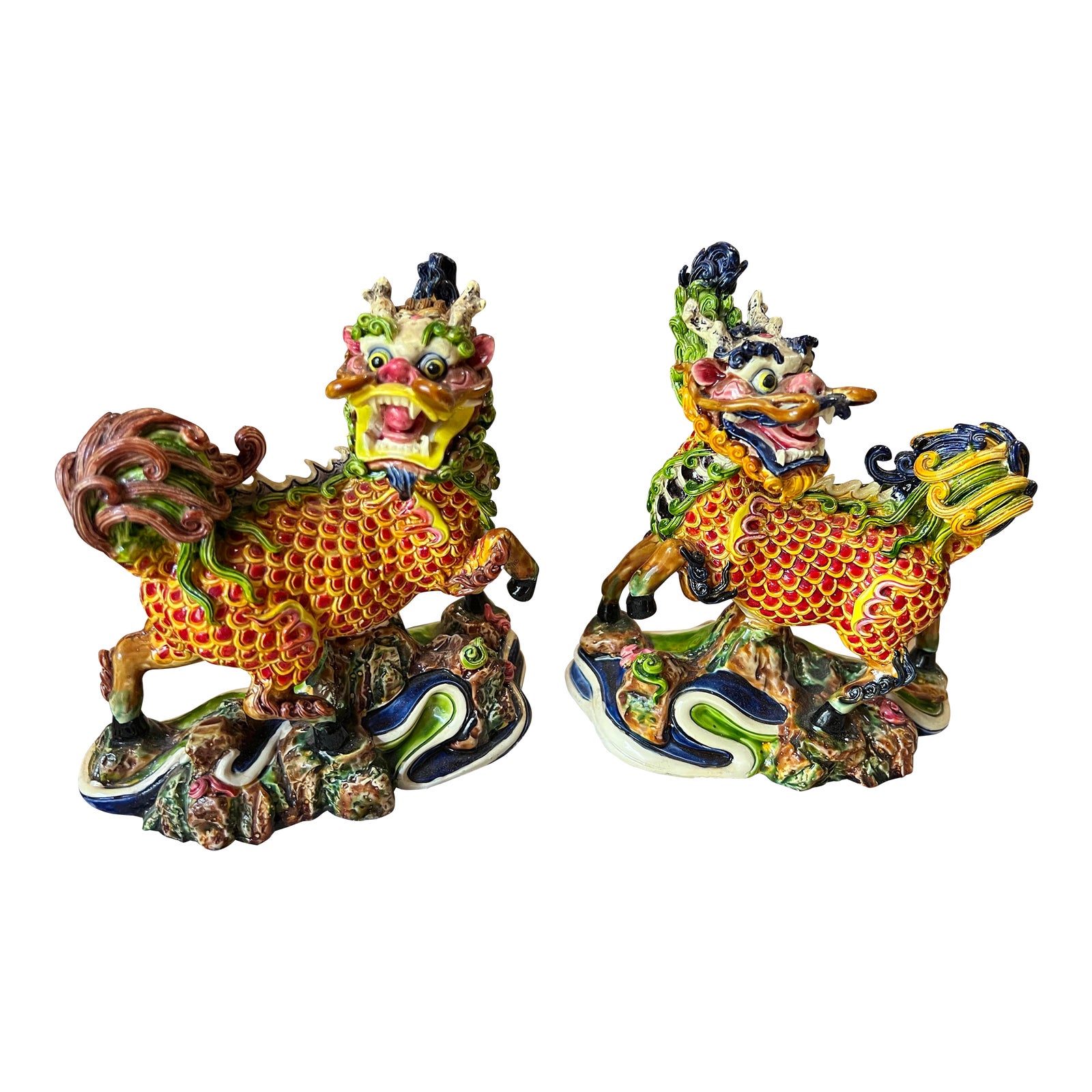 Pair of 1970s Small Asian Colorful Ceramic Foo Dog Decorative Pieces ...