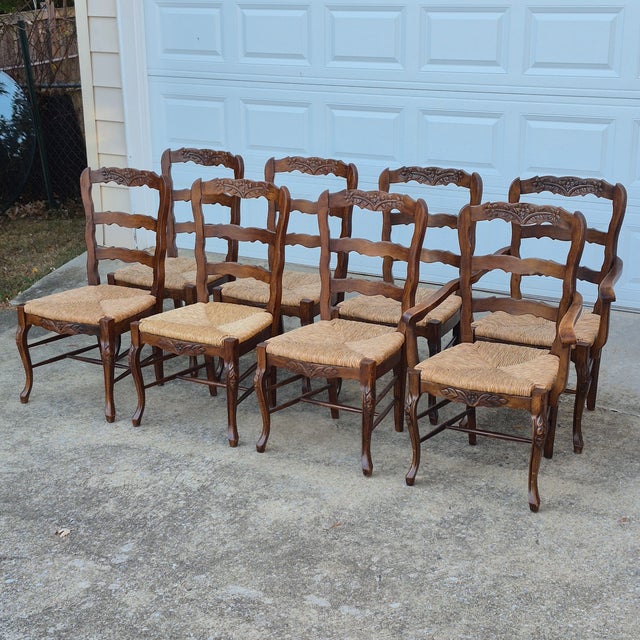 Late 20th Century French Country Carved Oak Ladderback Rush Seat Dining ...