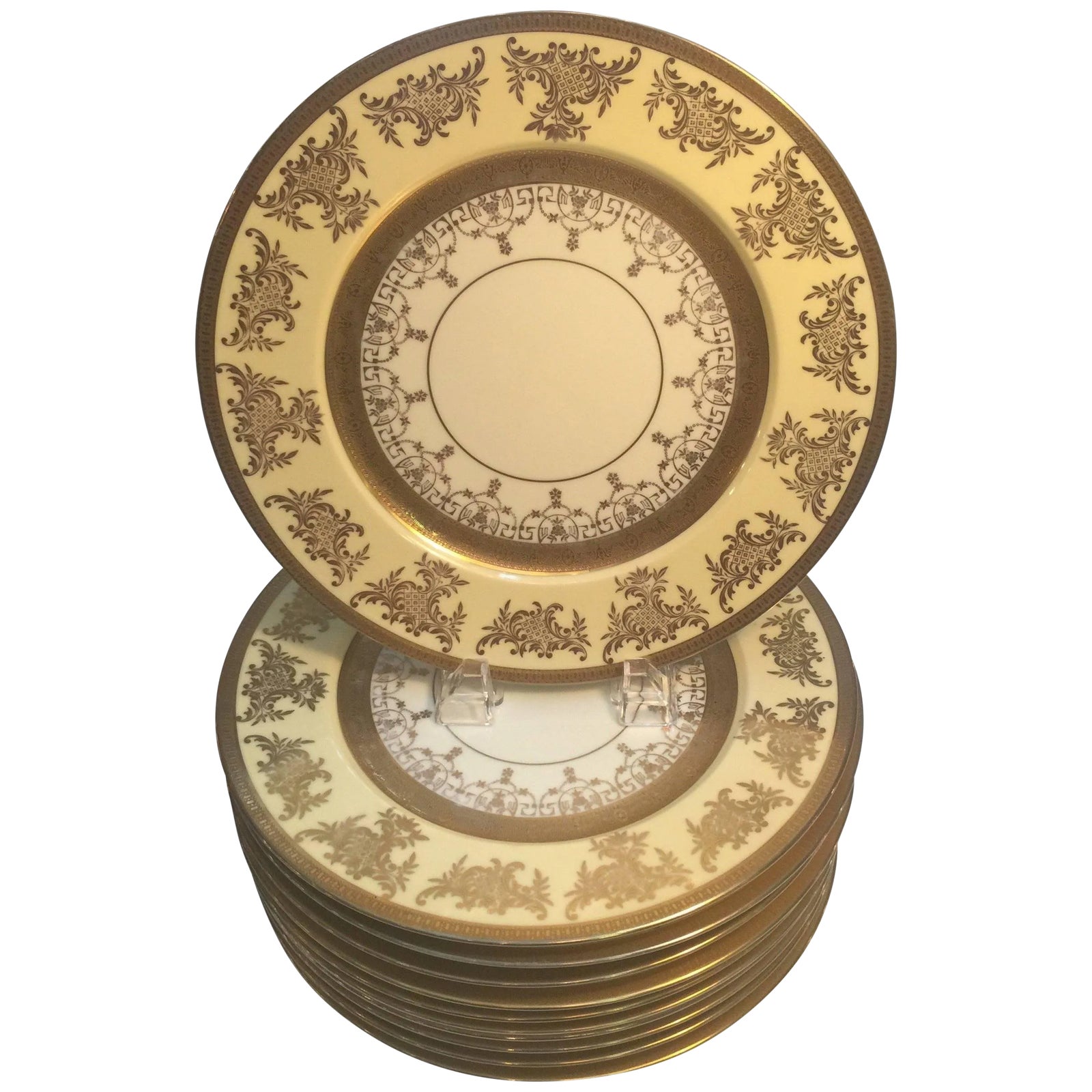 Set of 12 Service Dinner Plates with Vanilla and Gilt Borders | Chairish