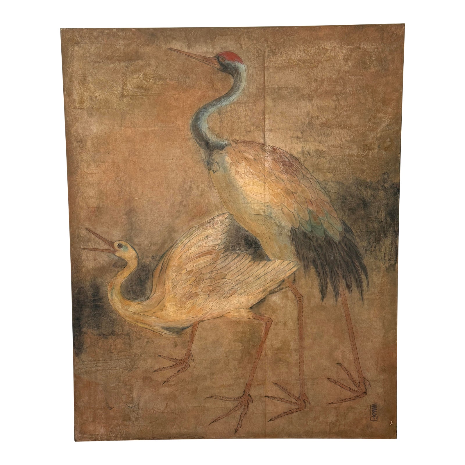 Large Scale Artwork of Two Cranes in Action, Gouache on Paper | Chairish
