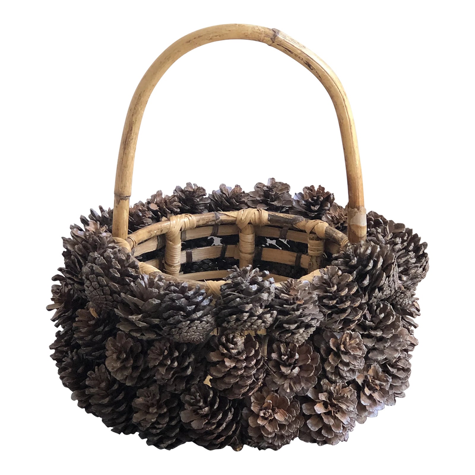 Adirondack Style Pine Cone Encrusted Bamboo Basket | Chairish