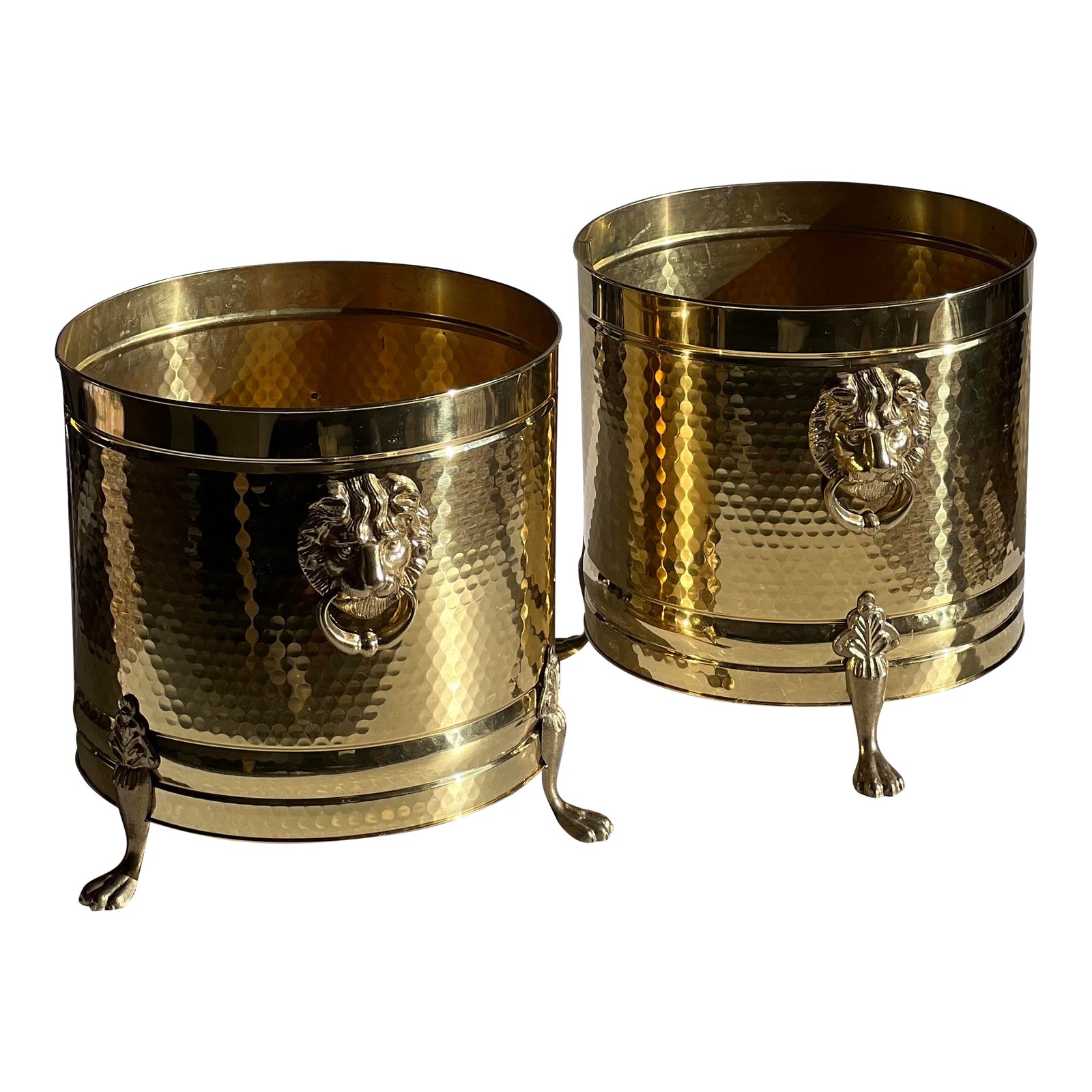 Pair of Large Vintage Brass Lion Head Planters, Attributed to Bristol ...