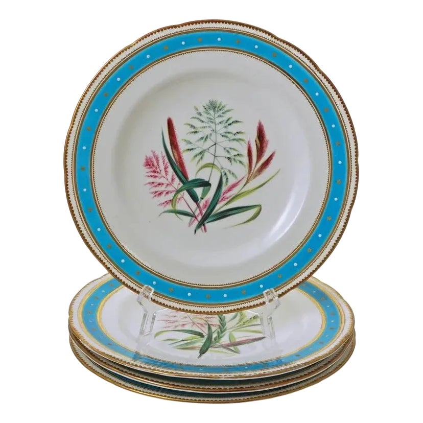 19th Century Minton Botanical Plates Jeweled Porcelain Turquoise Enamel ...