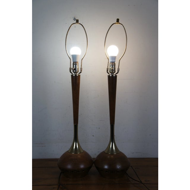 Mid-Century Modern Teak & Brass Genie Bottle Table Lamps Attributed to ...