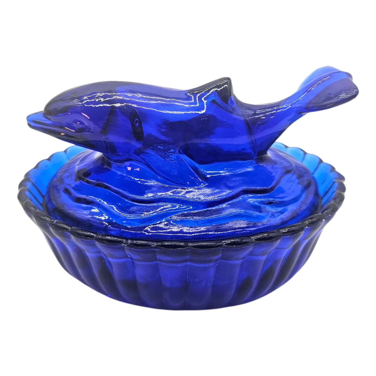 Vintage Cobalt Blue Glass Dolphin-on-Nest Covered Trinket Box, 5.75 ...